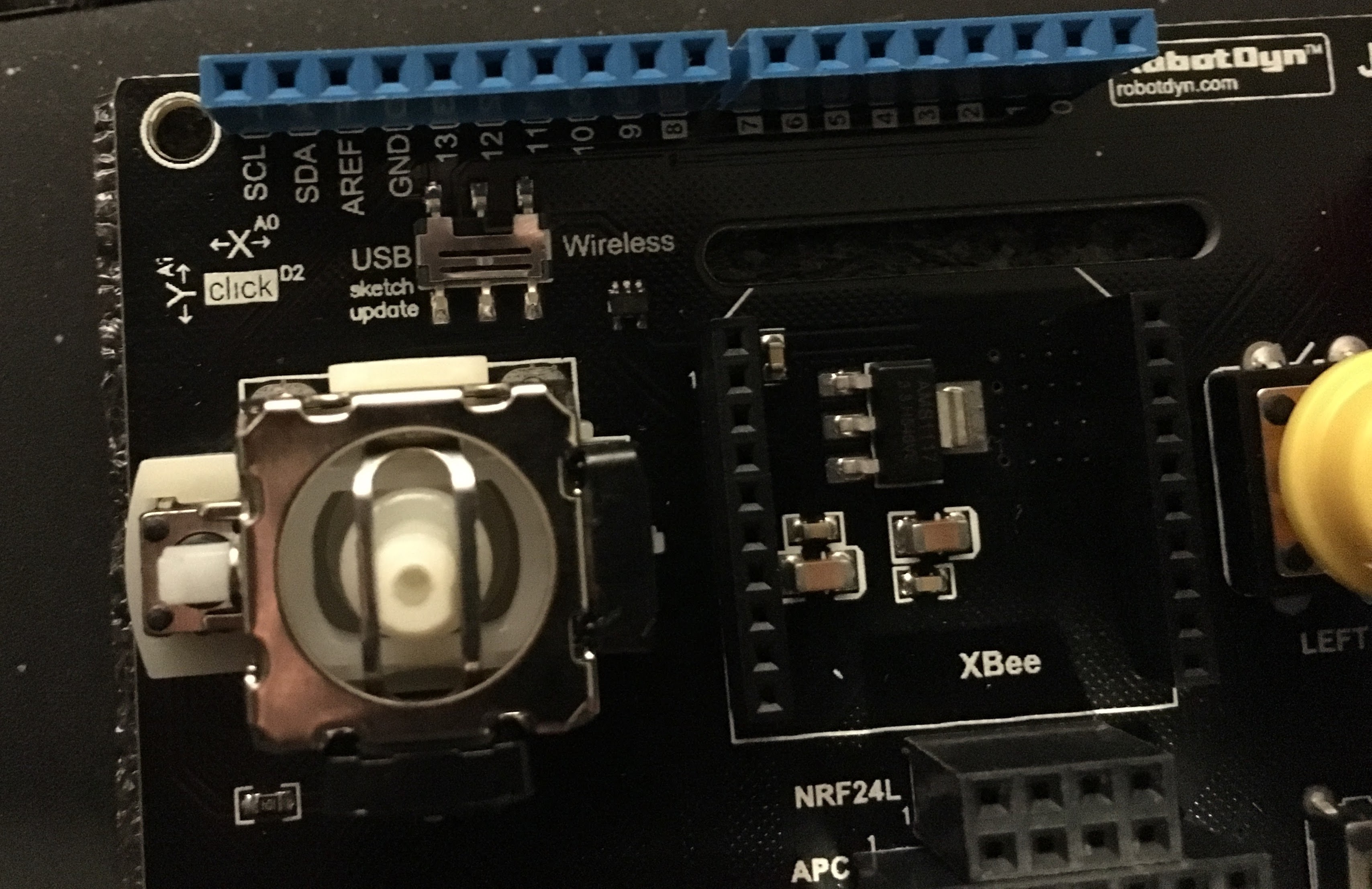 The RobotDyn Joystick shield has the XBee TX / RX lines switched to D0 ...